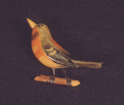 Wooden robin lapel pin — Calisphere