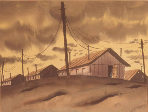 Watercolor depicting Poston Relocation Center barracks — Calisphere
