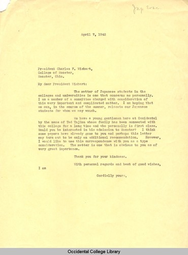 From Remsen Bird to Charles F. Wishart, President, College of Wooster ...