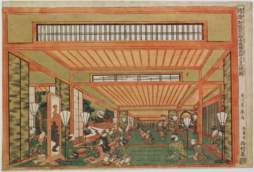 Interior of Shoin style architecture with dancers performing horse ...