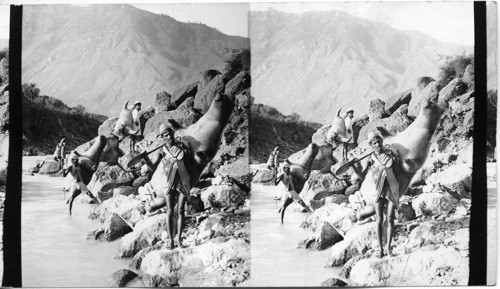 Boatman leaving Sutley River and carrying home boats, India — Calisphere
