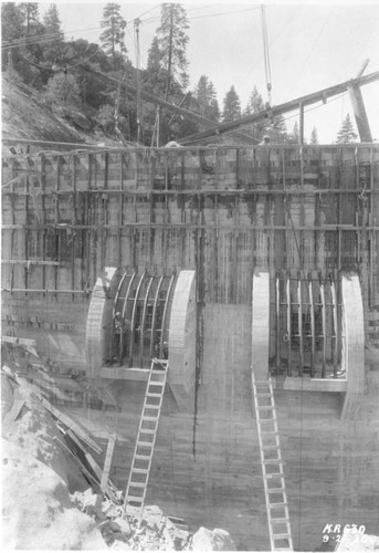 Looking at upstream face of Balch Dam — Calisphere