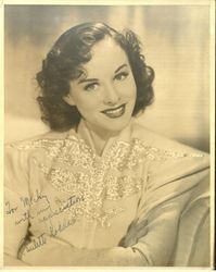 Headshot of Paulette Goddard with dedication to Micky Moore — Calisphere