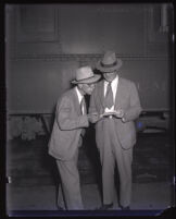 Ben Kendall and mayor Fletcher Bowron at a train station, Los Angeles ...