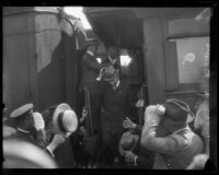 Vice President Charles Dawes disembarking from a train during a visit ...