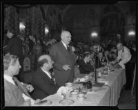 California Governor Frank Merriam speaking at banquet table, Los ...