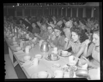 Mess hall with women who picked grapes for the American Women's ...