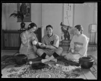 Jimmy Horio, baseball player, enjoying tea with Clara Suski and Tsuneko ...