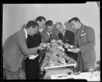 Walter Byron and four other actors posing with Mae Clarke, 1928 ...