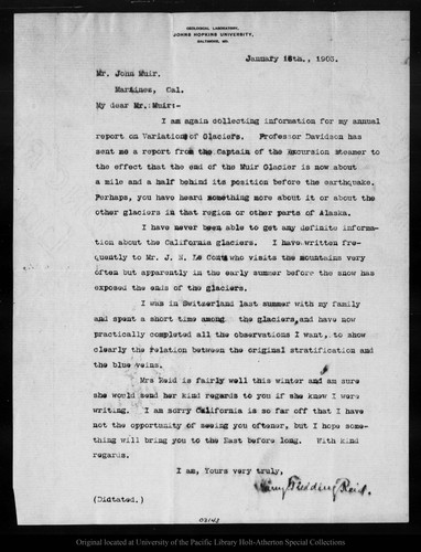 Letter from Harry Fielding Reid to John Muir, 1903 Jan 16 — Calisphere