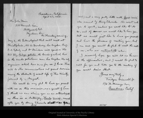Letter from Fordyce Grinnell, Jr. to John Muir, 1912 Apr 23 — Calisphere