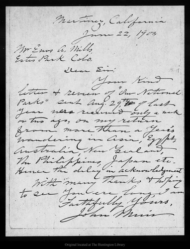 Letter from John Muir to Enos A. Mills, 1904 Jun 22 — Calisphere