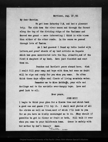 Letter from John Muir to [C. Hart] Merriam, 1901 Aug 15 — Calisphere