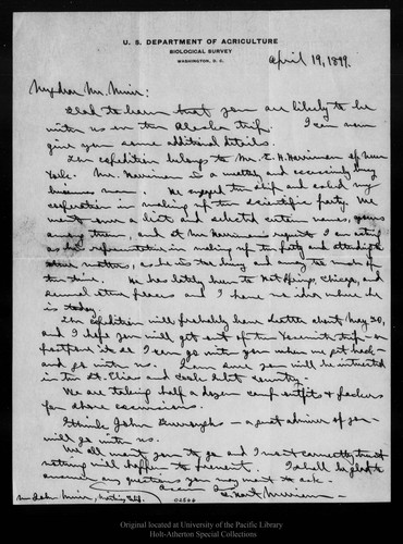 Letter from C. Hart Merriam to John Muir, 1899 Apr 19 — Calisphere