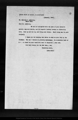 Letter from [John Muir] to Malcolm P. Anderson, [1903 Jan ?] — Calisphere
