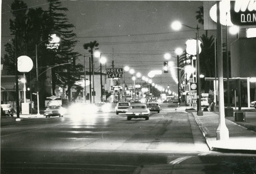 Downtown Banning, California at night looking east on Ramsey Street ...