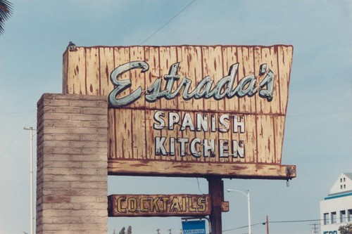 Estrada's Spanish Kitchen sign, Visalia, 1993 — Calisphere