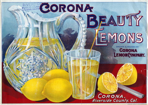 Crate label, "Corona Beauty Lemons." Grown and packed by Corona Lemon ...