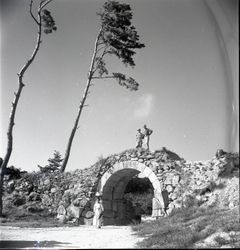 Two soldiers standing on a foot bridge — Calisphere