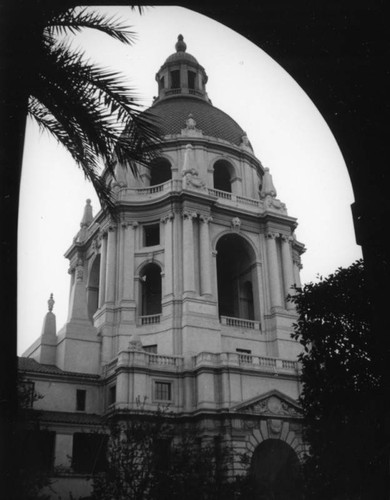 Pasadena City Hall tower through an arch — Calisphere