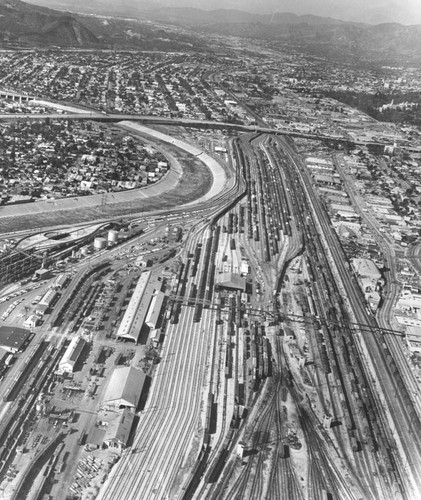 Aerial view of railroad yard — Calisphere