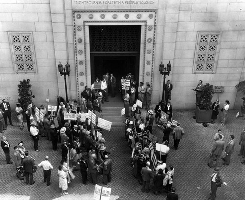 Protest group in front of City Hall — Calisphere