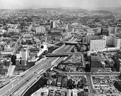 Bird's-eye view of Harbor freeway through downtown — Calisphere