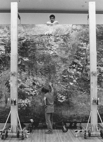 Hanging large painting by Anselm Kiefer at MoCA — Calisphere