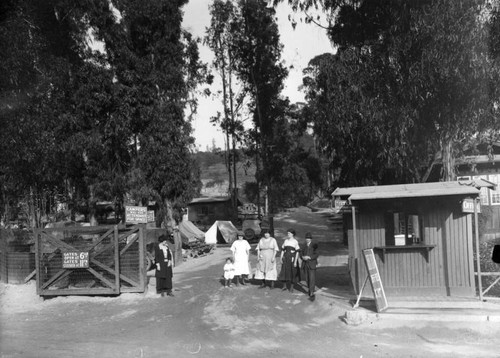 Family at entrance to Elysian Park campground — Calisphere