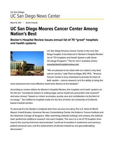UC San Diego Moores Cancer Center Among Nation’s Best — Calisphere