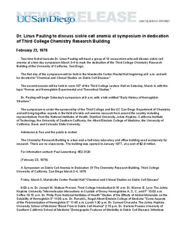 Dr. Linus Pauling to discuss sickle cell anemia at symposium in ...