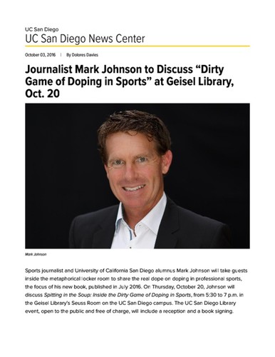 Journalist Mark Johnson to Discuss “Dirty Game of Doping in Sports” at ...