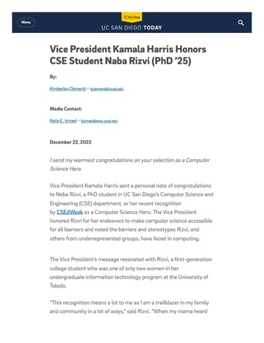 Vice President Kamala Harris Honors CSE Student Naba Rizvi (PhD ’25 ...