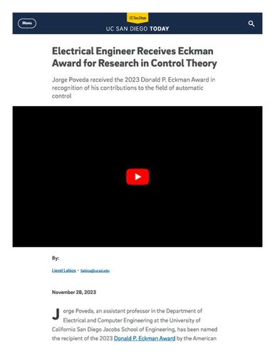 Electrical Engineer Receives Eckman Award for Research in Control ...