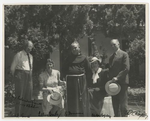 Cave Couts, Mrs. Copley, Father Dominic O'Keefe, Lillian Bradley, and Ira C. Copley at Guajome ...