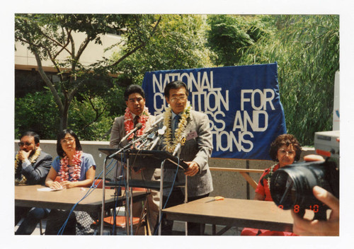 Frank Emi speaking at NCRR press conference — Calisphere