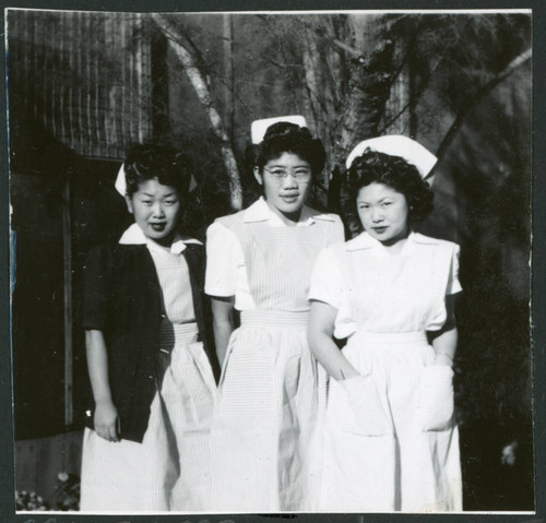 Photograph of nurses standing in front of the Manzanar hospital ...