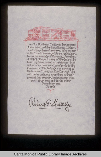 Invitation "The Southern California Newspapers Associated and the Santa ...