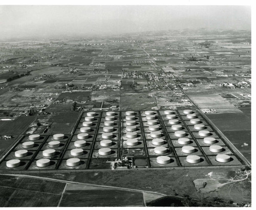 Aerial view of the Texaco tank farm. The tank farm was a gasoline ...
