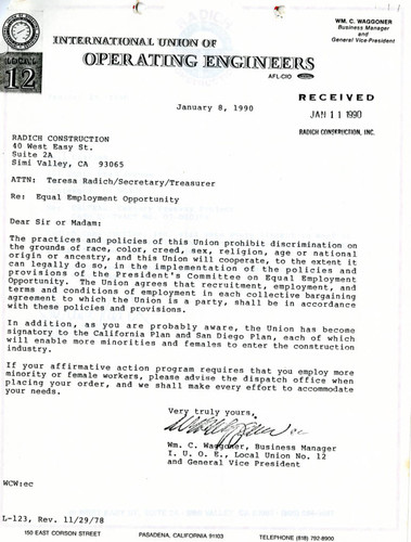 Letter from the International union of Operating Engineers Local 12 to ...