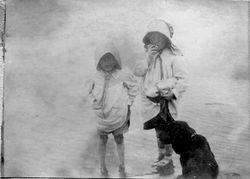 Blanche and Alice Riddell with dog Buster, 1908 at Bodega Bay — Calisphere