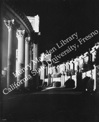View within north end of peristyle of Palace of Fine Arts at night ...