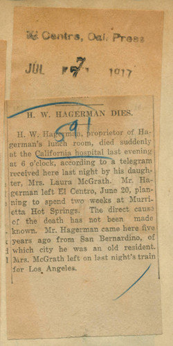 H. W. Hagerman dies — Calisphere