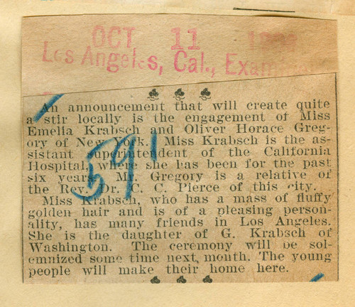 Miss Emelia Krabsch engaged to Oliver Horace Gregory — Calisphere