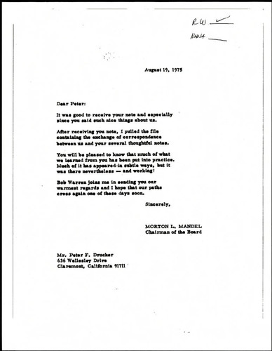 Letter of correspondence to Peter F. Drucker from Morton L. Mandel on ...