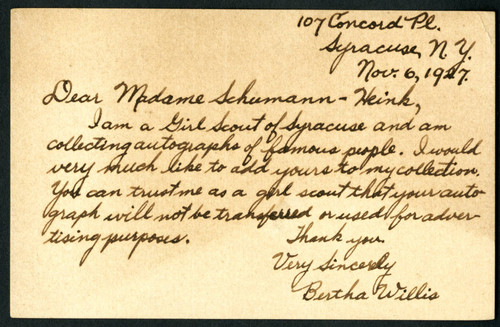 Bertha Willis letter to Schumann-Heink, 1927 November 06 — Calisphere