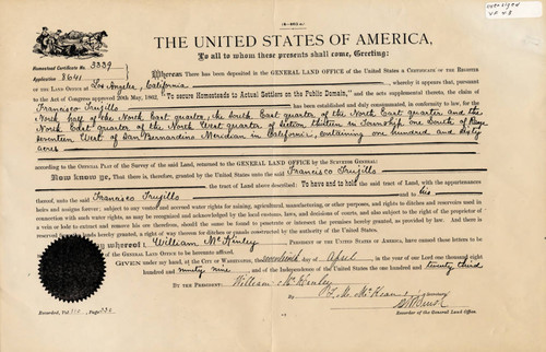 Homestead certificate, Francisco Trujillo, for land in Topanga Canyon ...
