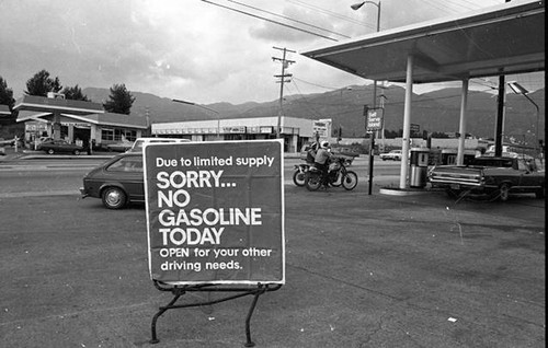 Gas station with "No gasoline today" sign, Sylmar, 1979 — Calisphere