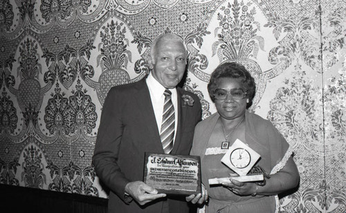 Edward Atkinson posing at his retirement celebration, Los Angeles, 1983 ...
