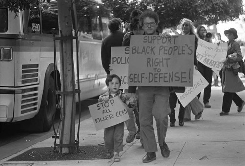 Crowd protesting against police killings, Los Angeles, 1983 — Calisphere